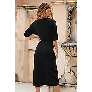 PRETTYGARDEN Women's 2023 Summer Ruched Bodycon Dress Short Sleeve Twist Front V Neck Split Wrap Midi Dresses (Black,Large)