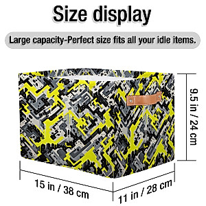 GzLeyigou Yellow Camo Skin Large Collapsible Storage Bins ,Decor Decorative Canvas Fabric Storage Boxes Organizer with Handles,Rectangular Baskets Bin for Home Shelves Closet Nursery Gifts