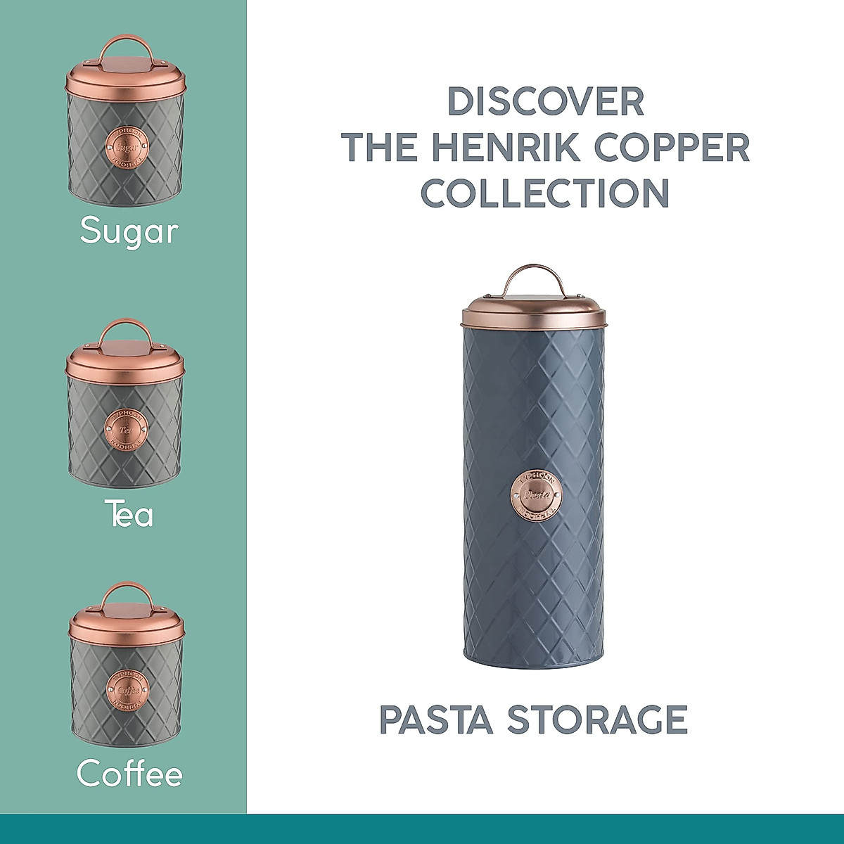 Typhoon 1401.664 Henrik Storage Canister | Hardwearing Coated Steel Tinware with Copper Lid and Badge | Keeps Pasta Fresh for Longer | Grey, 110mm x 110mm x 270mm