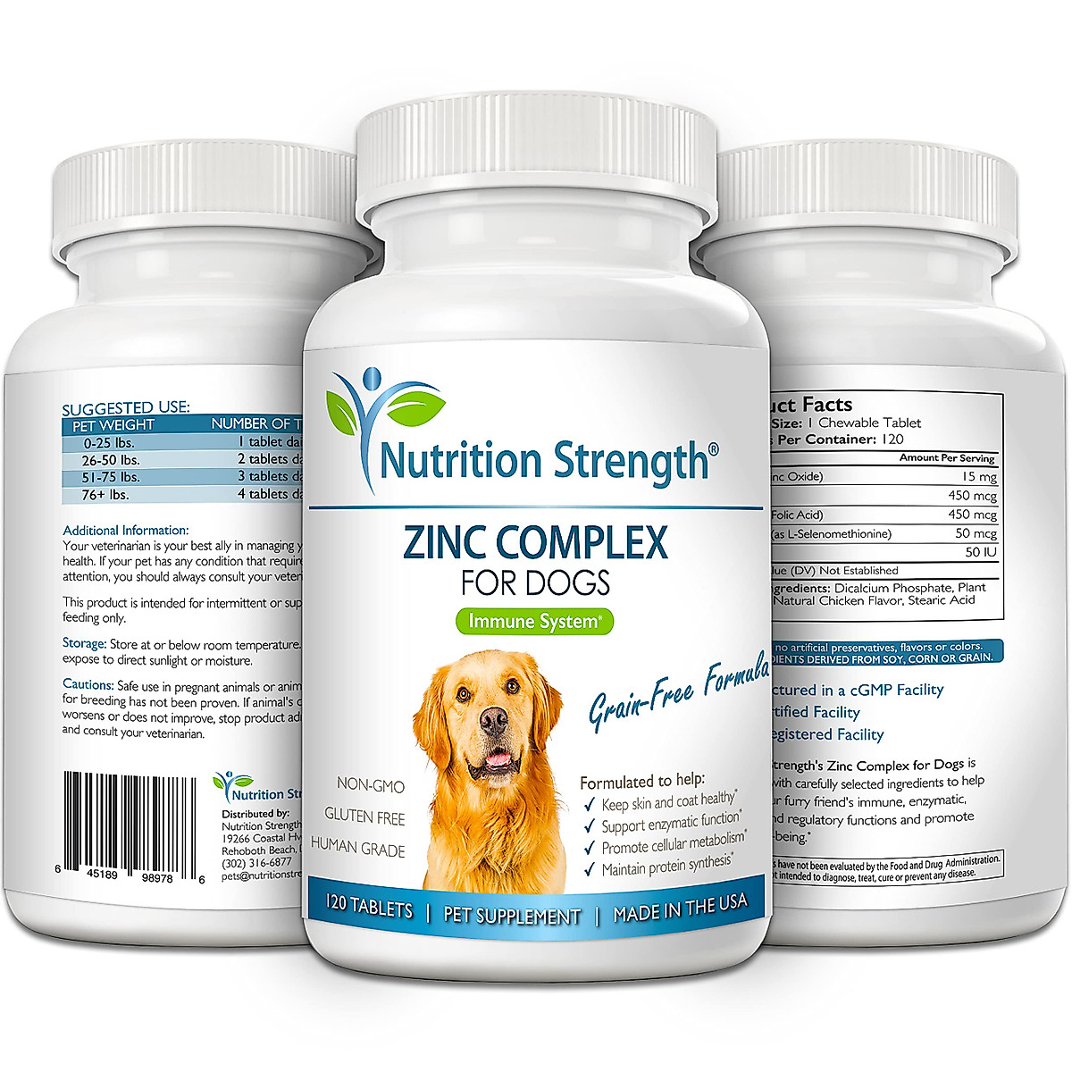 Nutrition Strength Zinc for Dogs to Support Healthy Skin & Coat, Promote Normal Growth, Balanced Immune Function & Cellular Metabolism, with Biotin, Folate, Selenium & Vitamin E, 120 Chewable Tablets