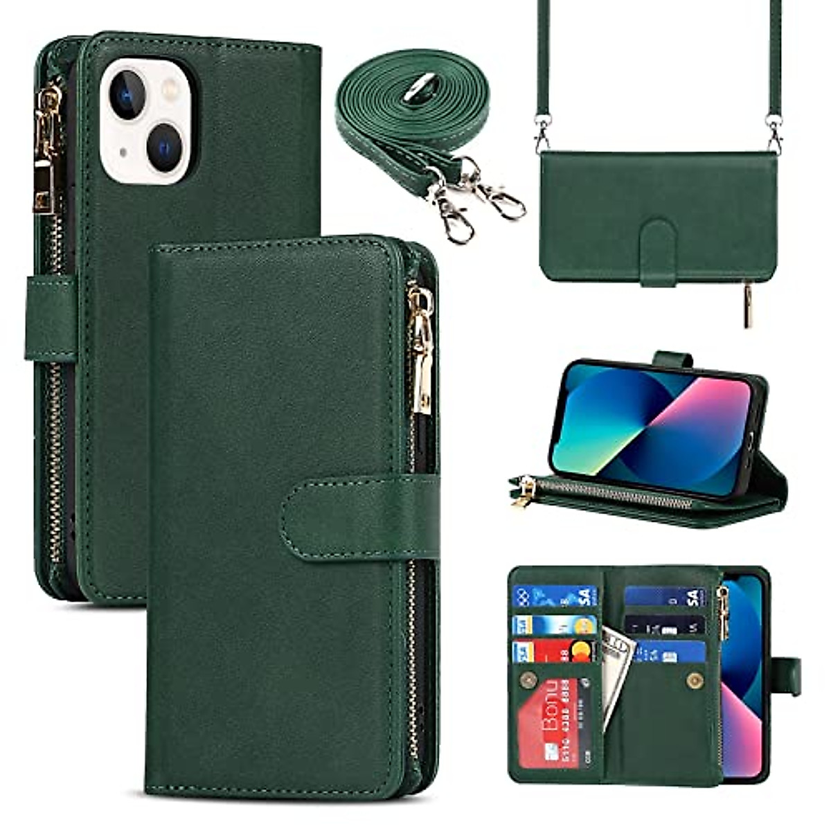 Jaorty for iPhone 13 Mini Phone Wallet Case with Card Holder, Crossbody Strap, Zipper Pocket, PU Leather, Dark Green
