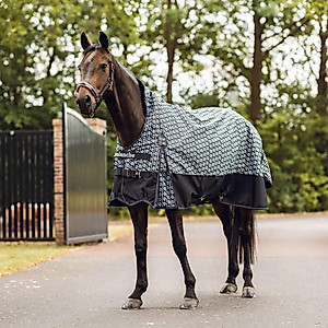 Horze Avalanche 1200D High Neck Turnout Rain Sheet (No Fill) | Lightweight Waterproof Horse Blanket - Dark Navy/Dawn Grey Print - 75 in