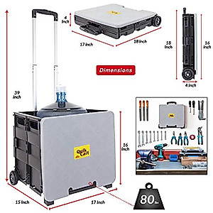 dbest products Quik Cart Collapsible Rolling Crate on Wheels for Teachers Tote Basket 80 lbs Capacity, Made from Heavy Duty Plastic and Used as a Seat, Grey