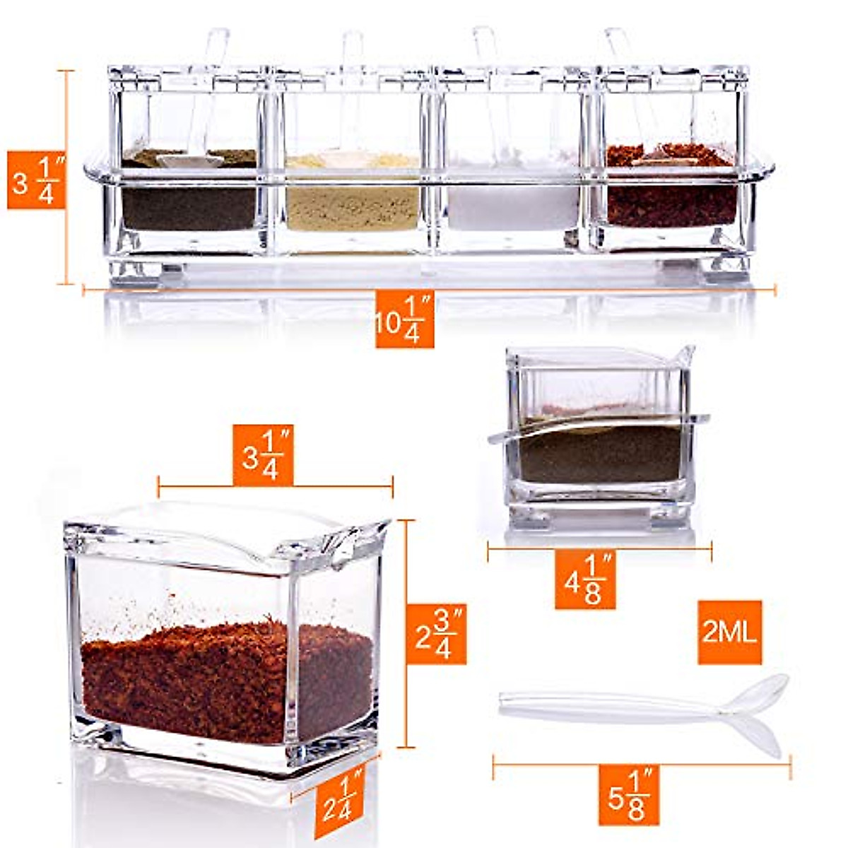ME.FAN Clear Seasoning Rack Spice Pots - 4 Piece Acrylic Seasoning Box - Storage Container Condiment Jars - Cruet with Cover and Spoon