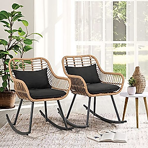 JOIVI Patio Wicker Rocking Chairs Set of 2, Outdoor Rattan Rocking Chairs with Pillows and Cushions, Front Porch Rocker with Iron Frame, Patio Lawn Garden Furniture, Black