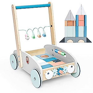 Wooden Baby Walker, Push Toys for Babies Learning to Walk,Shopping Cart for Kids Garden Wagon and Play Set with Abacus Blocks Push and Pull Learning Walking Educational Gift for Toddler Boy Gir 2 3