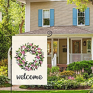 AVOIN colorlife Welcome Tulips and Lily Wreath Garden Flag Double Sided, Seasonal Spring Easter Mother's Day Yard Outdoor Flag 12 x 18 Inch