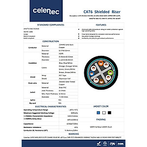 celertec CAT6 Shielded Cable, 500ft, FTP (Overall Foil Shield), 23AWG Solid Bare Copper, 550MHz, ETL Listed &CMR Riser Rated, Indoor, Bulk Ethernet Cable, Black