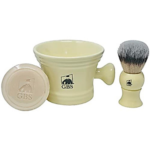 G.B.S Heavy Duty Ceramic Ivory Shaving Set - Mug with Knob Handle, Faux Ivory Handle Shaving Brush and Natural Shave Soap