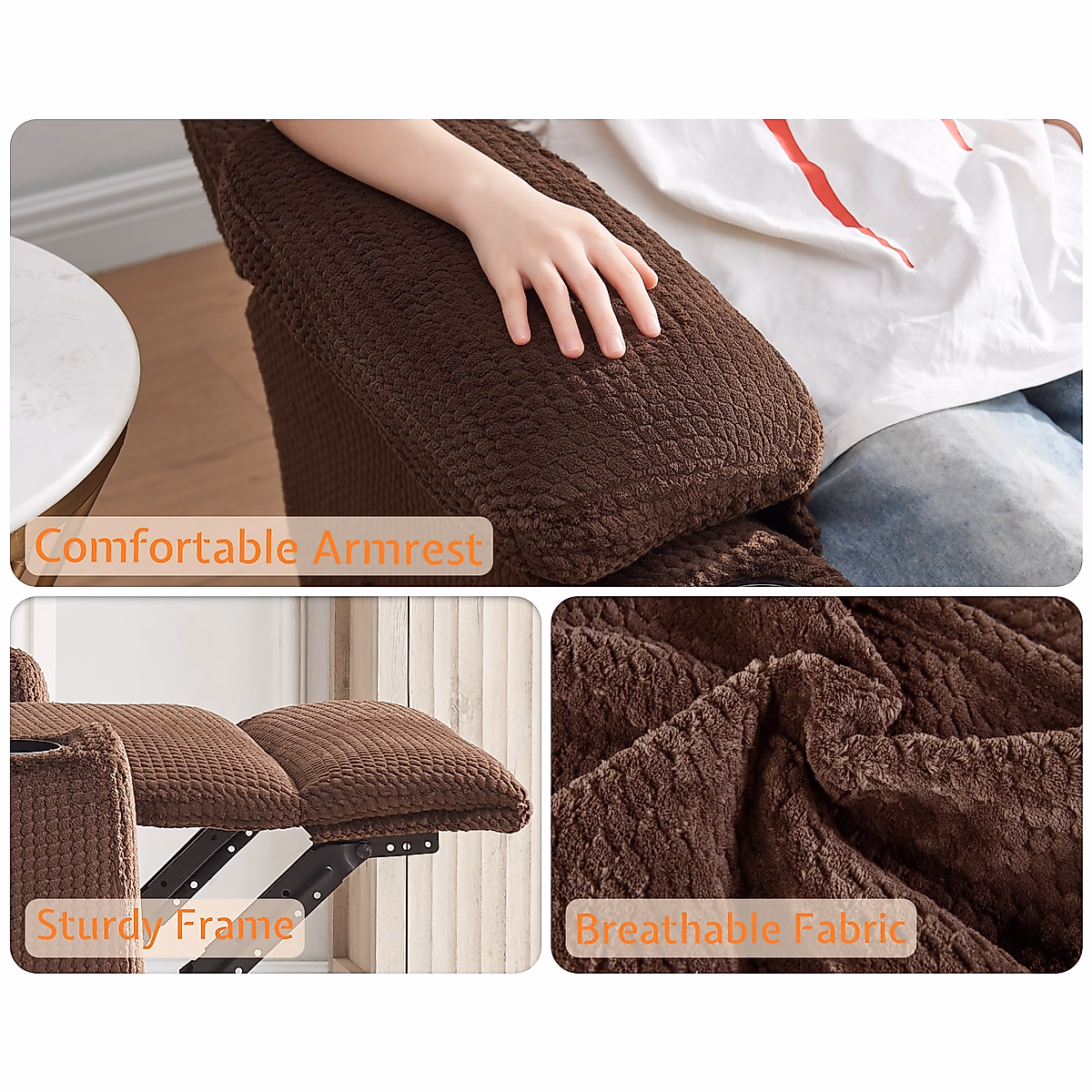 Jocisland Recliner Couch, 3 Seater Recliner with Cup Holders, Plush Fabric Reclining Couch with Dual Wingback, Comfy Recliner Sofas for Living Room(Brown)