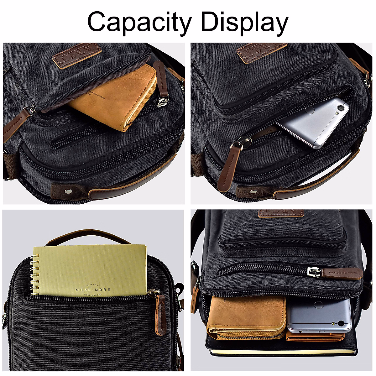 AMJ Small Canvas Messenger Bag, Crossbody Shoulder Bags Vertical Satchel Purse for Travel Work Business Men Women, Black