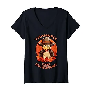 Front Desk Receptionist Funny Thanksgiving Turkey & Fall V-Neck T-Shirt