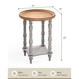 VONLUCE French Country End Table, 19'' Round Farmhouse Side Table, Distressed Wood Tray Top Rustic Accent Table for Living Room Bedroom, Small Space, Gray