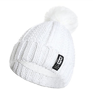 Yvechus Lady Winter Warm Pom Knit Beanie Hat Scarf Gloves Set Touch Screen Slouchy Thick Fleece Lined 3 in 1 Set (Xmas White)