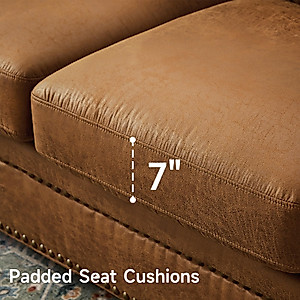ONBRILL 84" Faux Leather Couch, Mid-Century Modern Couch w/Brass Nailhead Trim, 3 Seater Leather Sofa Couch w/Rolled Arm, Pocket Spring Cushions, Gourd Feet, Brown Couch Leather Sofas for Living Room
