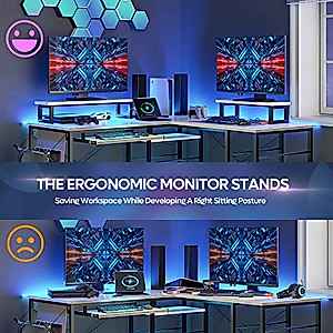 Bestier L Shaped Office Desk with Led Light 95.2 Inch Gaming Corner Desk or 2 Person Long Table with Shelves Monitor Stand and Keyboard Tray for Home Office, White Wash