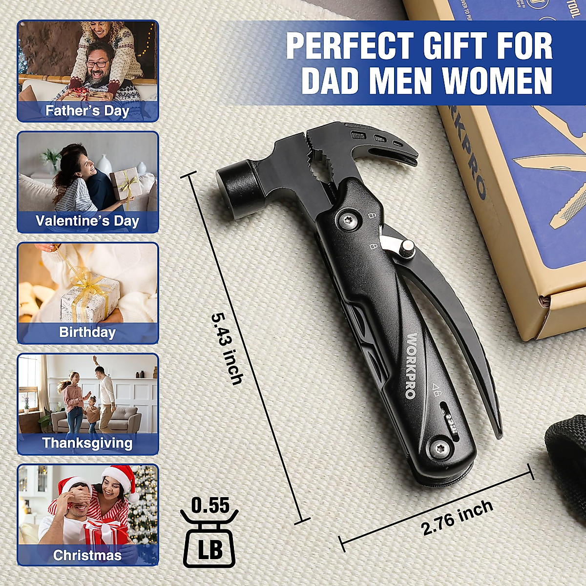 WORKPRO Multitool-12 in 1 Camping Tools with Mini Hammer-EDC Gear Multi Tools Hammer with Safety Lock and Pouch-Mini Multitools Gifts for Men and Women