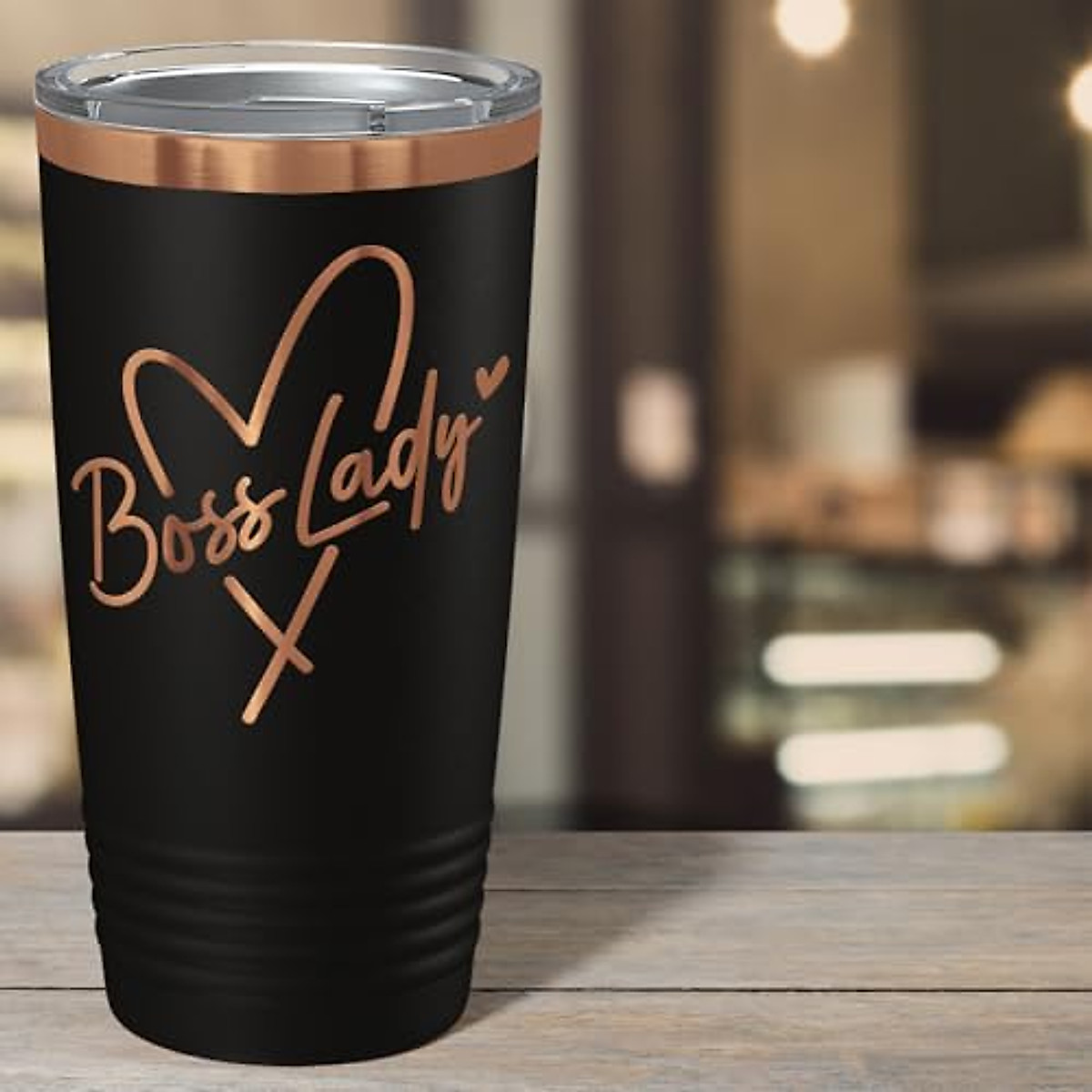 Boss Lady Big Heart Tumbler Birthday Gifts for Women, Coworker, Boss on Black with Ion Rose Gold Design 20 oz Stainless Steel Insulated Cup with Lid - Travel Mug for Mom