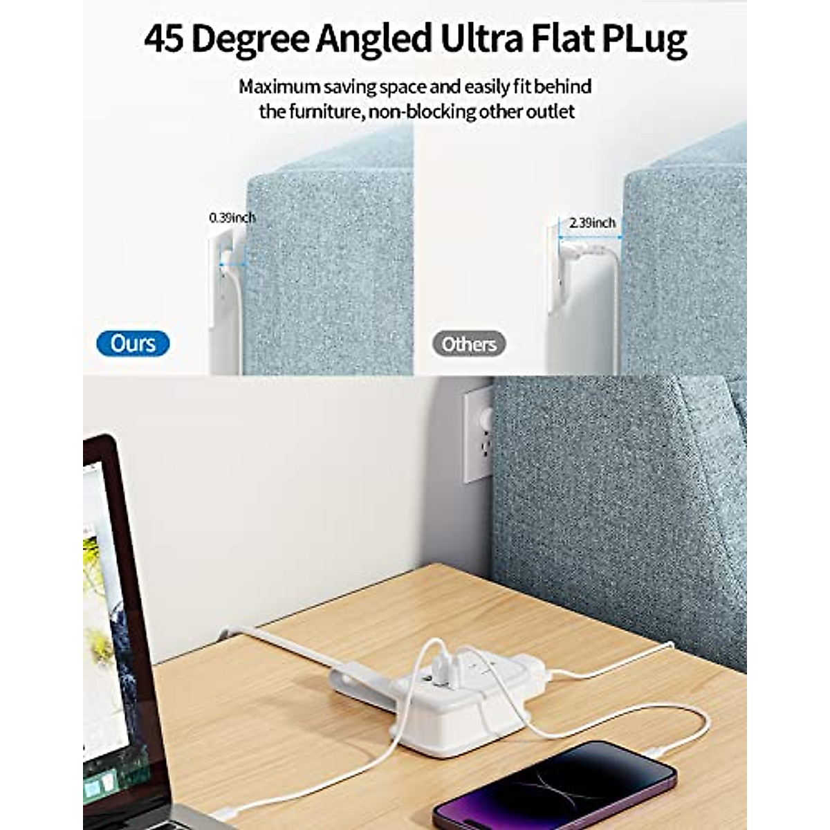 USB C Travel Power Strip, NTONPOWER Flat Plug Power Strip with 3ft Wrapped Around Extension Cord, 2 Outlets 3 USB Ports(1 USB-C) Cruise Ship Approved, Compact for Hotel, Travel Essentials Must Have