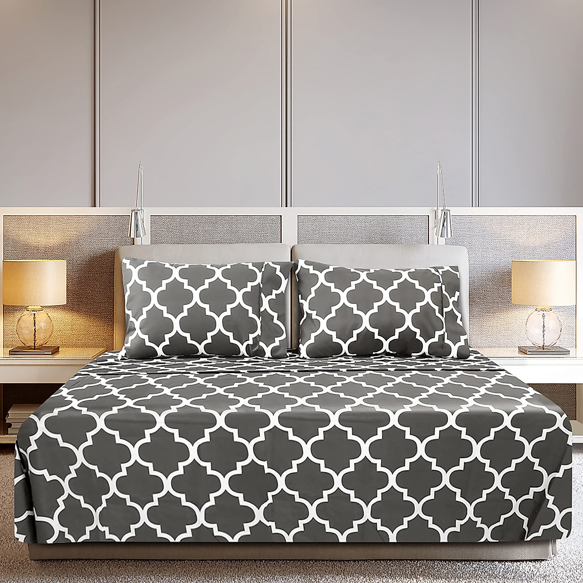 Utopia Bedding Full Sheet Set, Soft Microfiber 4 Piece Bed Sheets with 15" Deep Pocket - Easy Care Brushed Microfiber (Quatrefoil - Grey)