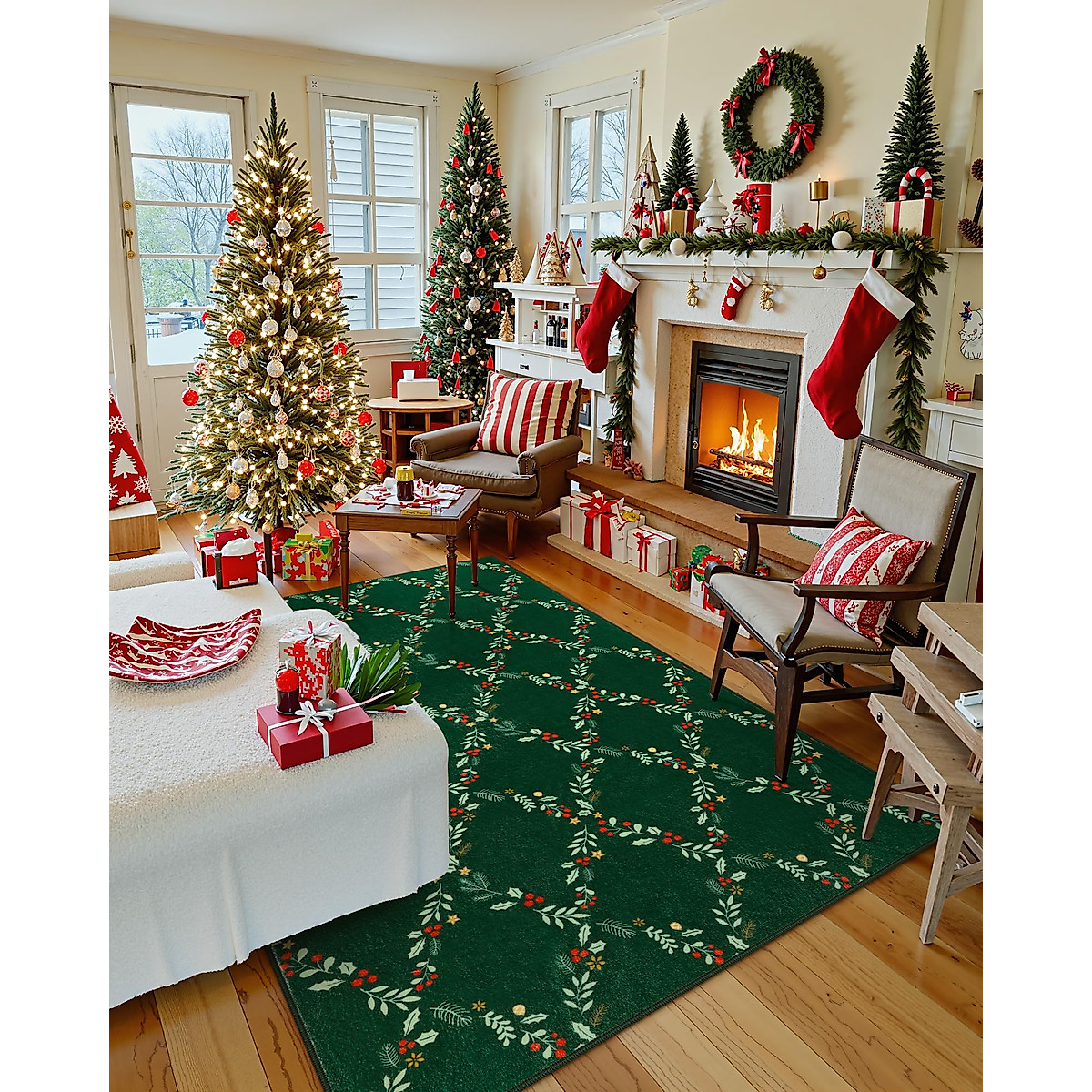 Seavish 2024 Christmas Area Rug 5x7 Area Rugs for Living Room Low Pile Soft Washable Rugs for Bedroom Aesthetic Xmas Green Diamond Floor Cover Carpet Rug for Dining Room Nursery Playroom Home Office