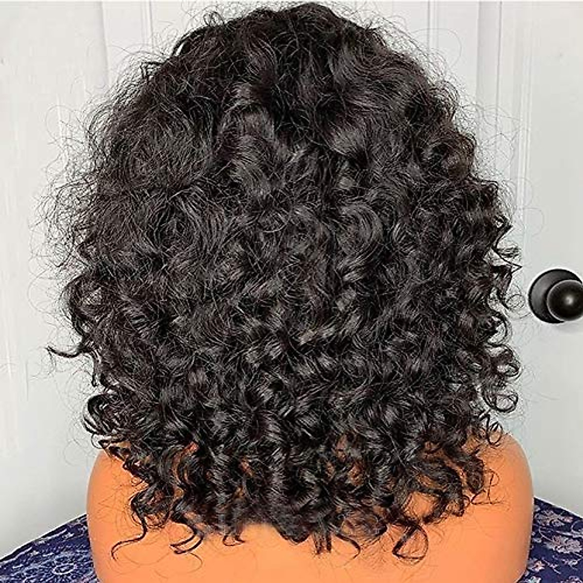 200 Density Scalp Top Curly Full Machine Made Human Hair Wigs with Bangs Remy Brazilian Short Curly Wig For Women (14 Inch)
