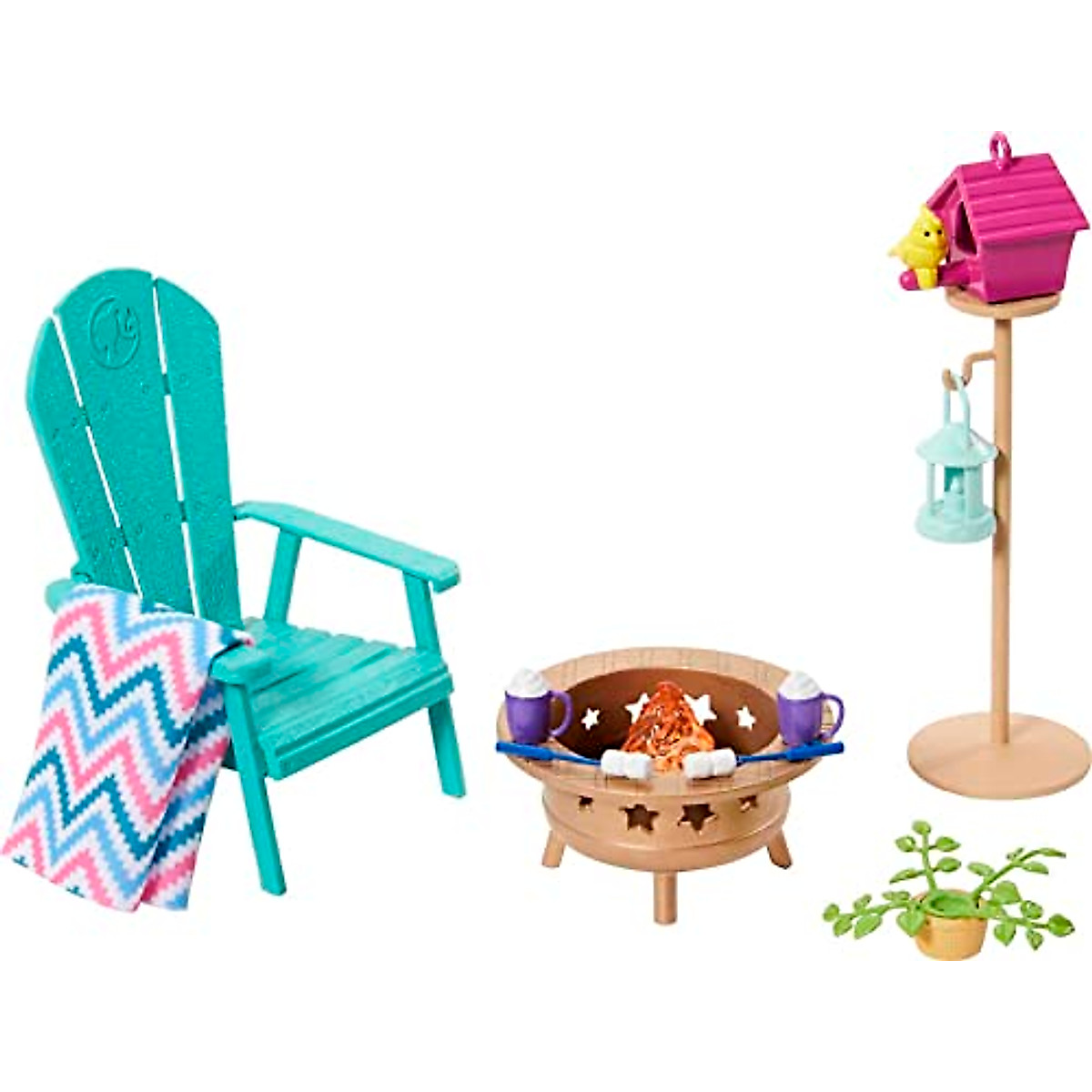Barbie Furniture and Accessories, Doll House Decor Set with Backyard Patio, Bonfire, Birdfeeder and Birdhouse