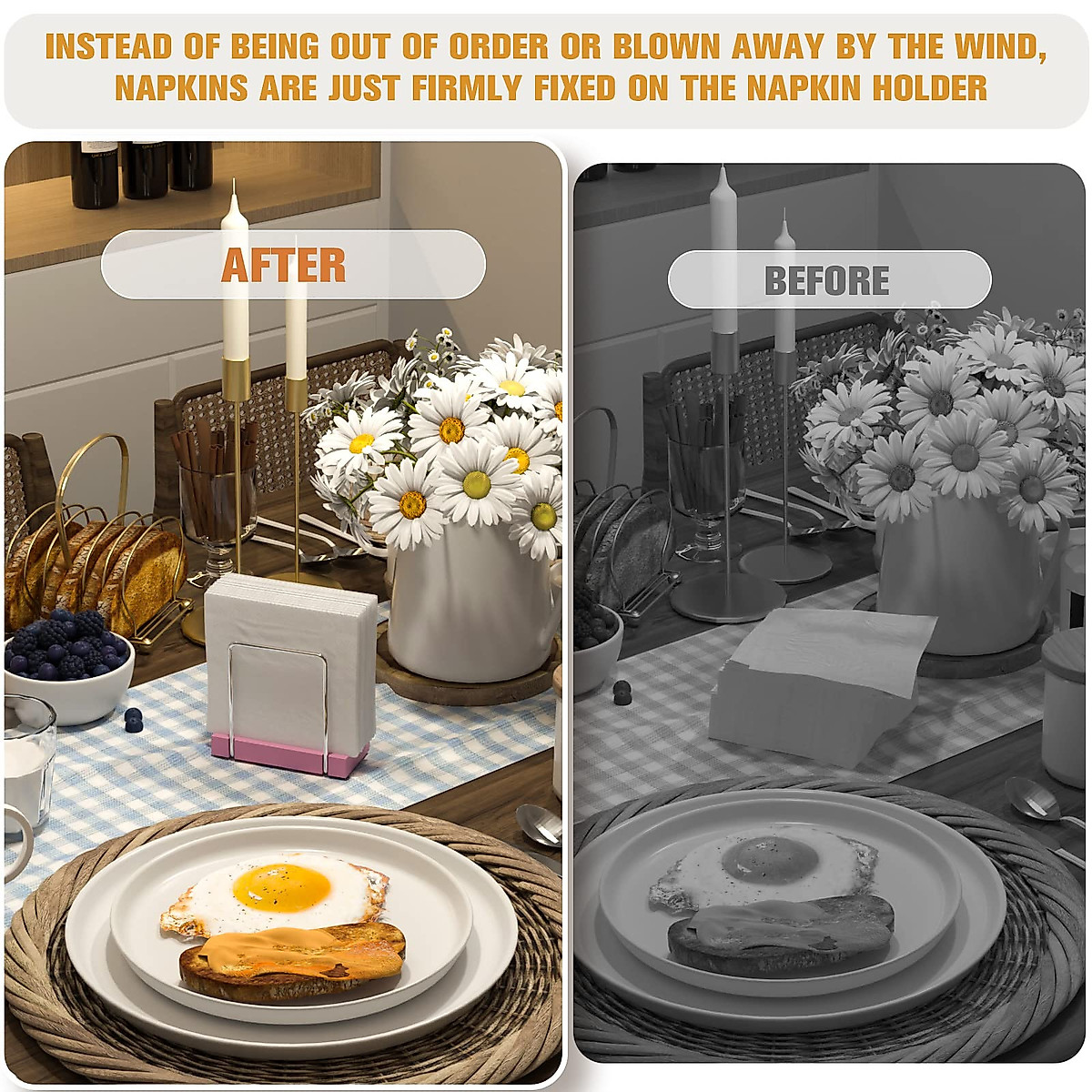 Napkin Holder for Table, Pink Kitchen Accessories Appliances for Table Farmhouse Cocktail Picnic Rustic Bamboo Iron Wood Holders for All Dining Room Decor Silvery & Pink