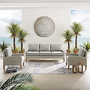 Crosley Furniture Capella 3-Piece Outdoor Sofa Patio Furniture Set, Wicker Conversation Sets for Porch, Acorn with Gray Cushions