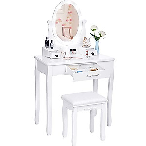 ANWBROAD Makeup Vanity Desk Vanity Set with LED Lighted Mirror Makeup Table Set 10 LED Dimmable Bulbs Cushioned Stool 3 Drawers 3 Dividers for Bedroom Makeup Jewellery Storage Set White UBDT12W