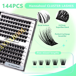 Hannahool 12rows-Large Tray Mixed 8-10-12-14-16mm/Mixed 14-15-16mm/Mixed14mm-16mm/Mixed 18-20mm Wide Stem Individual False Eyelashes Dramatic Black Cluster Eyelashes (mixed 18-20mm)