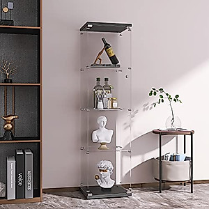 LFT HUIMEI2Y Glass Display Cabinet 4-Shelf with Door and Lock, Curio Cabinets Upgraded Quick-Install Style 5mm Tempered Glass Floor Standing Bookshelf for Bedroom, Living Room 64”x 17”x 14” Black