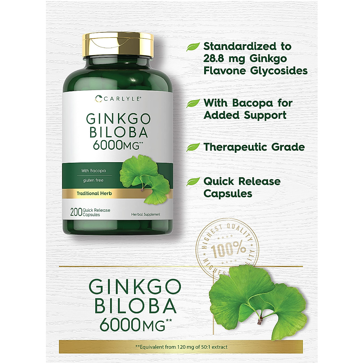 Carlyle Ginkgo Biloba Pills | 6000mg | 200 Capsules | Maximum Strength | Non-GMO, Gluten Free Supplement