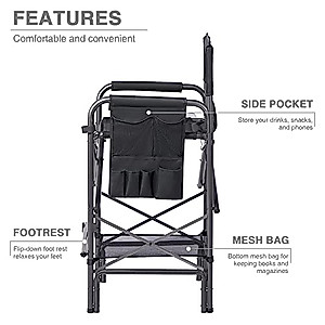 EVER ADVANCED 30.7" Seat Height Directors Chair Folding Bar Stool Tall Foldable Chair for Makeup Artist with Side Table Cup Holder Easy Get in Out for Elderly Camping Chair Supports 350LBS(Black)