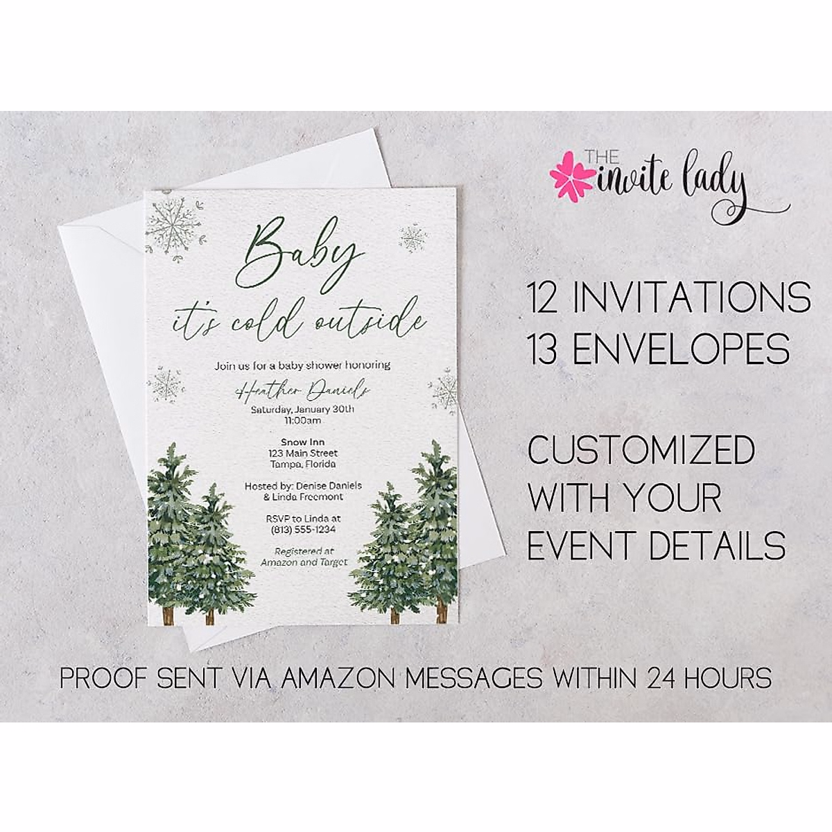 Baby It's Cold Outside Baby Shower Invitations Winter Invites Gender Neutral Unisex Trees Nature Green Snowflakes Snowfall Personalized Customized Custom Printed Cards (12 count)