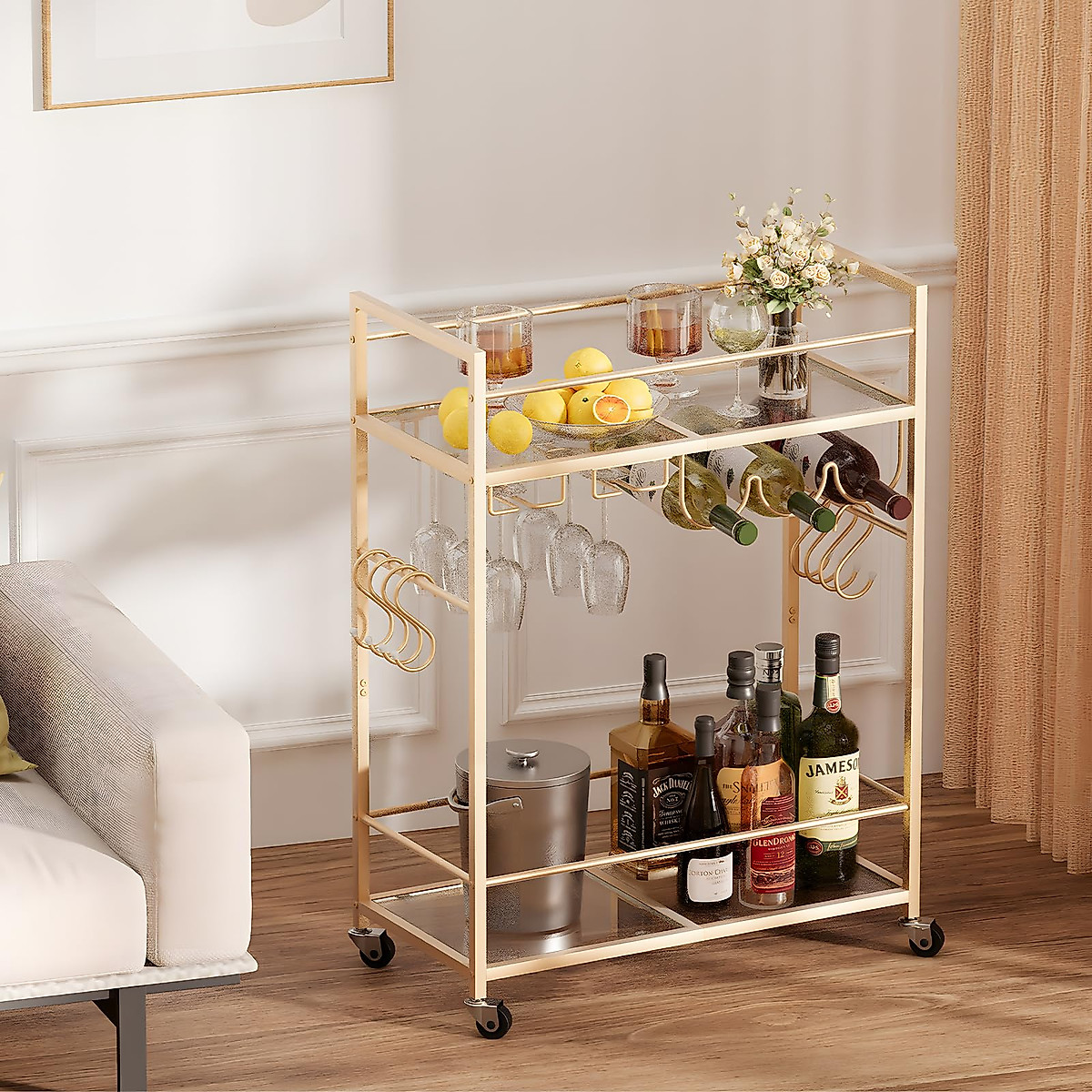 Bar Cart Rose Gold Home Bar Serving Mobile Cart, 2 Tiers Wine Cart with Wine Rack and Glass Holder, Modern Rolling Alcohol Wine Cart, Wine Holders for Home Kitchen Dining Living Room and Party Copper