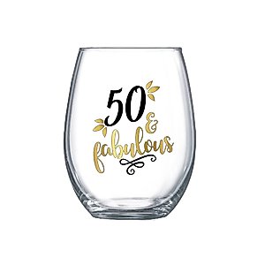 50 and Fabulous Gifts for Women Stemless Wine Glass 50th Birthday Gift for Her 0043