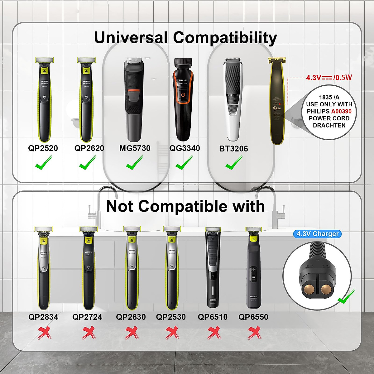 for Philips One Blade A00390 Power Cord, Charger for Norelco Oneblade QP2520 QP2510 QP2515 QP2525, Replacement Phillips Razor MG3740, QP2620, MG5720 Charging Cable (Brush, Ndicator Ligh)