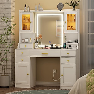 Dnxao White Vanity Desk with Mirror,Lights and Charging Station,Make up Vanity Mirror with 3 Lights Mode and Brightness Adjusted,Large Storage Space-6 Drawers,4 cabinets,2 RGB cabinets