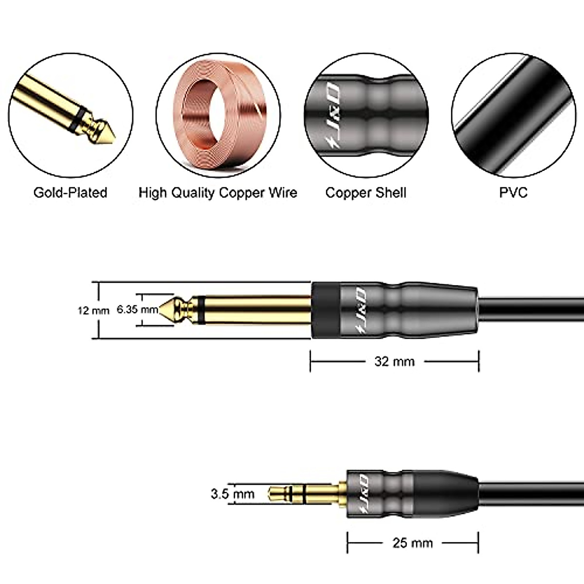 J&D 1/4 inch TS to 3.5mm TRS Cable, Heavy Duty Copper Shell 6.35mm 1/4 inch Male to 3.5 mm 1/8 inch Male Mono Interconnect Stereo Aux Jack Adapter Cable, 6.5 Feet