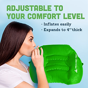 Pitch and Trek Camping Pillow with Removable Cover, Ultralight Portable Compact Inflatable Pillow for Neck Lumbar Support, Compressible Pillow for Hiking, Beach, Hammock, and Backpacking Gear