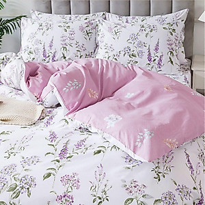 FADFAY Purple White Floral Duvet Cover Sets Queen 100% Cotton Lilac Lavender Reversible Comforter Cover French Country Bedding All Season Soft Crisp Green Leaves Bed Cover with Zipper 3 Pieces