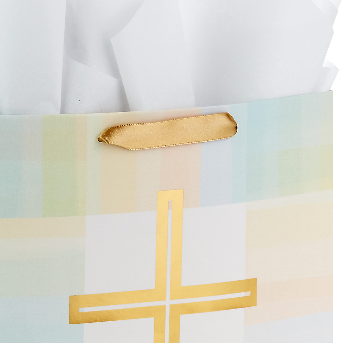 Hallmark 13" Large Gift Bag with Tissue Paper (Gold Cross, Green, Yellow) for Easter, First Communion, Confirmation, Weddings, Clergy Day