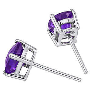 Peora Solid 14K White Gold Amethyst Earrings for Women, Genuine Gemstone Birthstone Solitaire Studs, 7x5mm Oval Shape, 1.50 Carats total, Friction Back