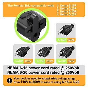 [2Pack] Four-in-One 4-in-1 15 Amp Household AC Plug to 20 Amp T Blade Adapter,5-15P to 5-20R,5-15P to 6-15R,5-15P to 6-20R, 4 in 1 AC Power Adapter,15A 125V to 20A 250V Adapter