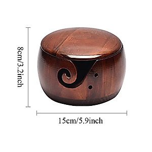 Wooden Yarn Bowl,Yarn Bowls with Lid for Knitting Crochet Yarn Ball Holder Handmade Yarn Storage Bowl for DIY Knitting Crocheting Crochet Kit Organizer Accessories with 12 Crochet Hooks (Dark Wood)