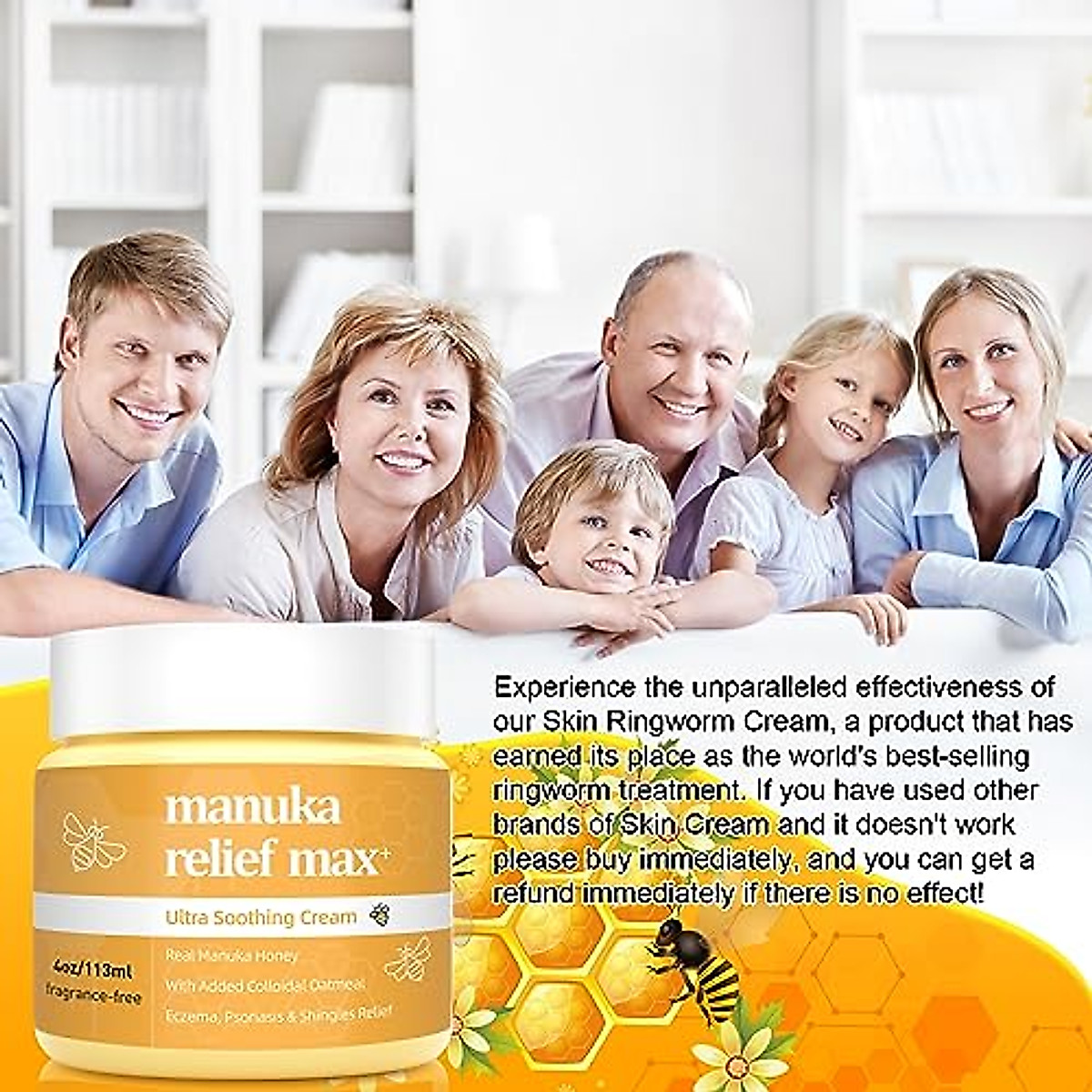Eczema Psoriasis Manuka Relief Honey Cream, Hand Foot, Tinea Versicolor, Itchy Feet, Butt, Anal Itch, Scalp Dandruff, Bee Sting, Bites, Boil Cyst, Armpit, Adults Kids, Natural Organic Soothing
