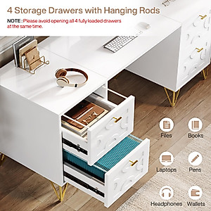 Tribesigns White and Gold Desk with Drawers, 59'' Modern Computer Desk with File Drawers, Work Desk with Storage, Simple Wood Desk with Gold Legs, Large Workstation for Home Office