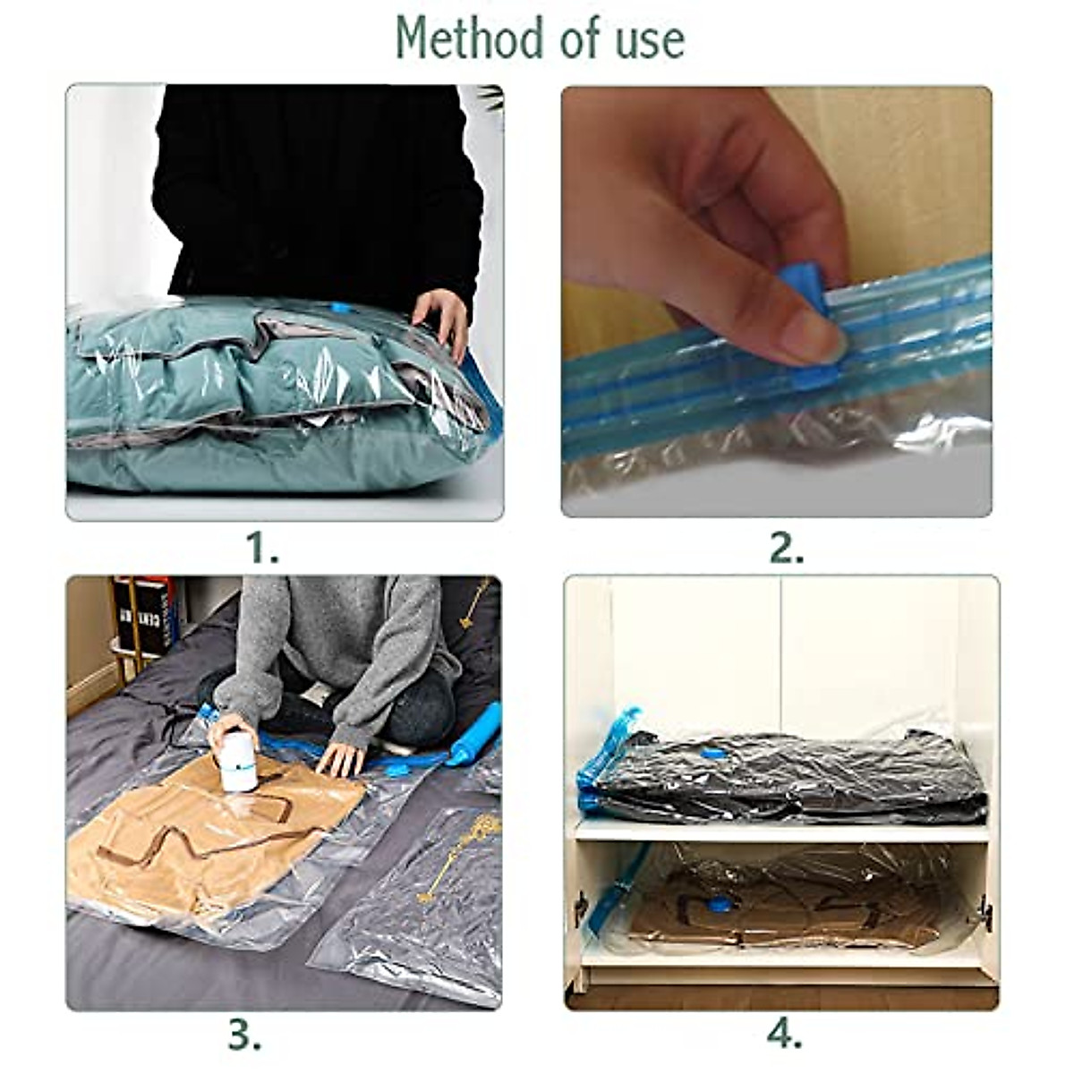 Vacuum Storage Bags, Reusable Compression Space Saver Bags, 12 Pack, 4 X Medium, 4 X Large, 4 X Extra Large, With Free Hand Pump, for Travel, Clothes, Mattress, Blanket, Pillows, Comforters