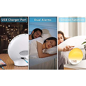 Wake Up Light Sunrise Alarm Clock for Kids, Heavy Sleepers, Bedroom, with Sunrise Simulation, Sleep Aid, Dual Alarms, FM Radio, Snooze, Nightlight, Daylight, 7 Colors, 7 Natural Sounds, Ideal for Gift